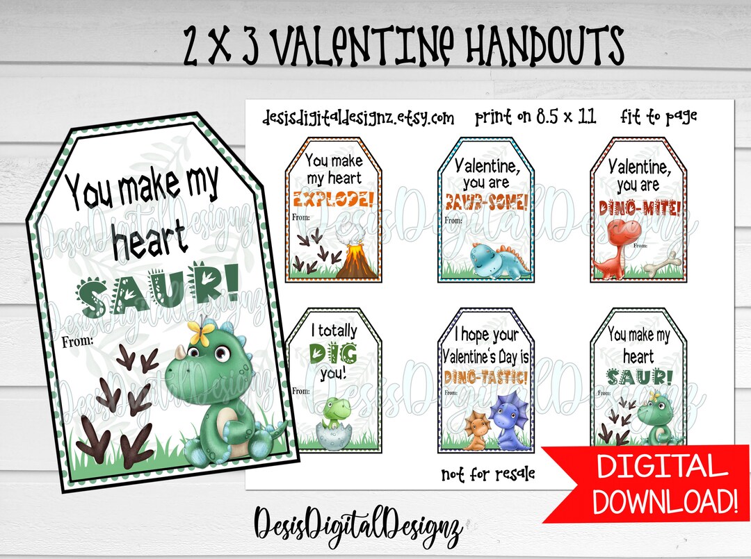 Dinosaur Valentine Handouts. Classroom Valentines for School. Dino-mite ...