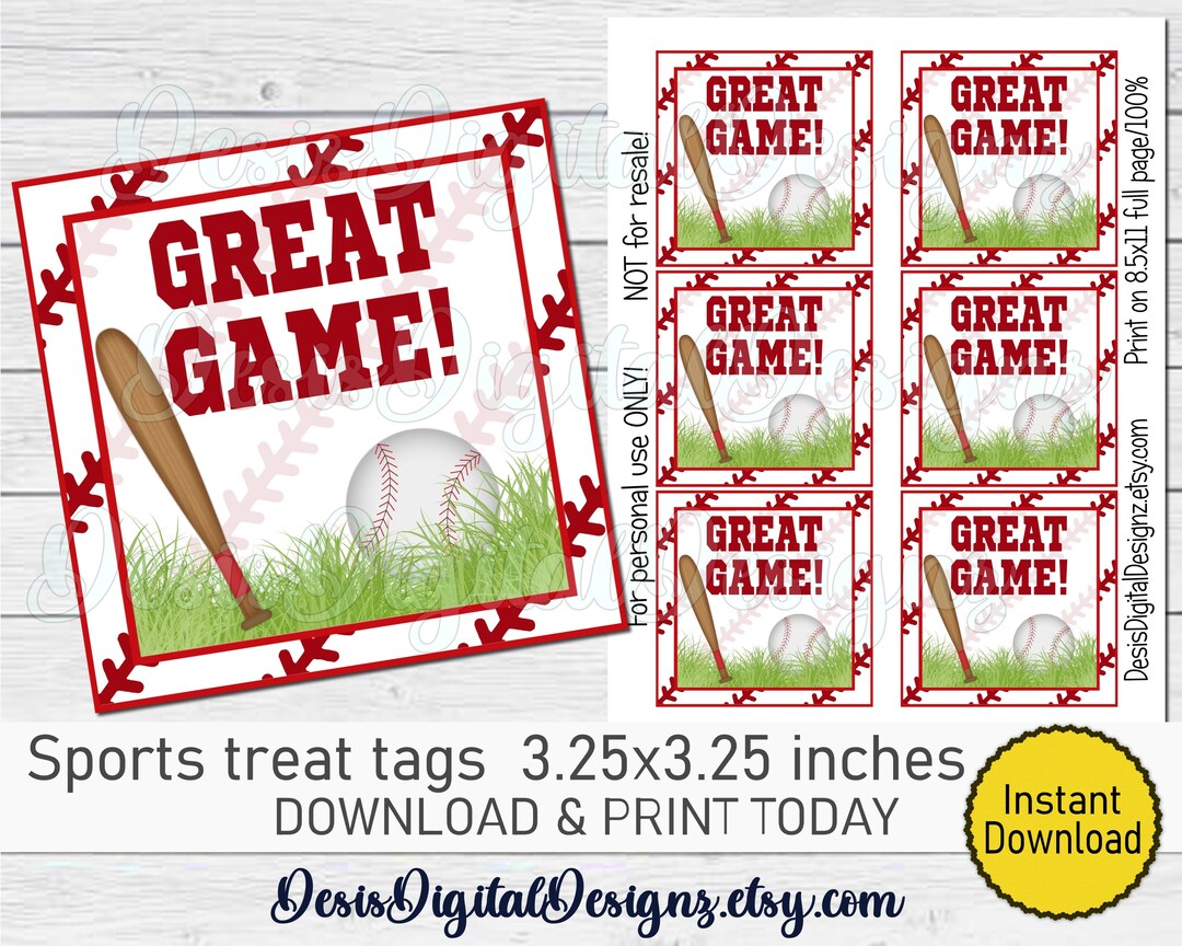 Great Game Treat Tags Baseball Handout Game Day Favors Mini Cookie ...