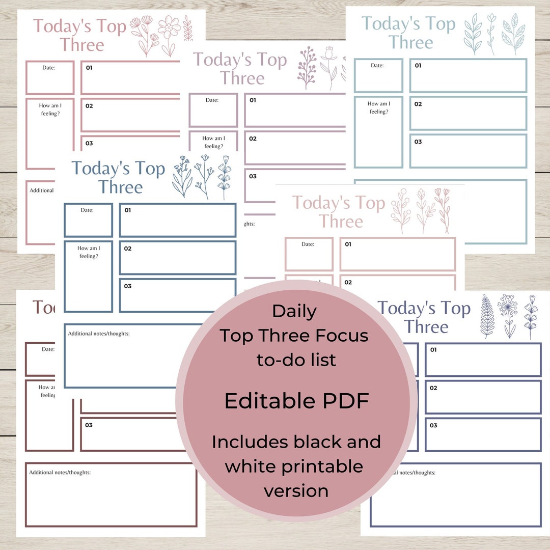 Top Three to Do List, to Do List, Daily to Do List, Planner, Daily ...