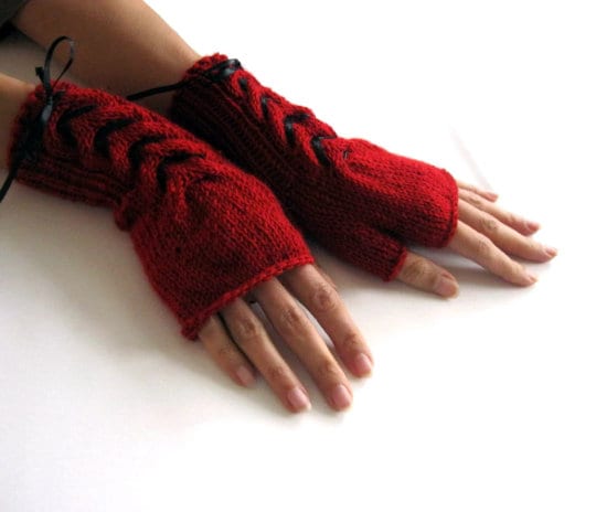 Red Fingerless Handmade Winter Wool Short Gloves With a Black Satin ...