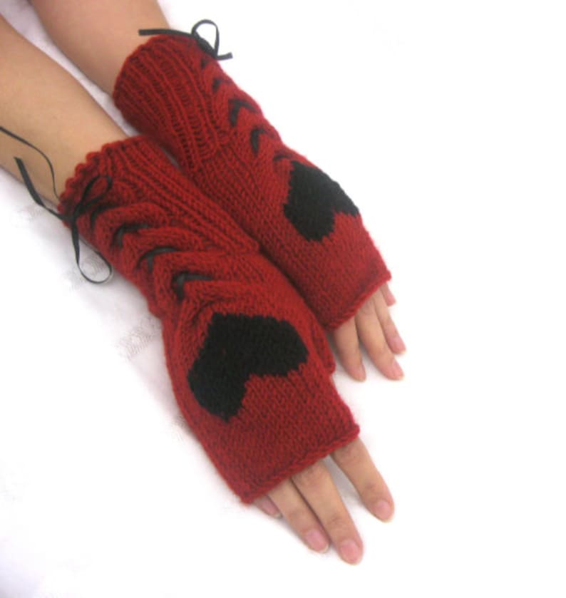 Red Fingerless Handknit Wool Gloves With a Black Heart and a - Etsy