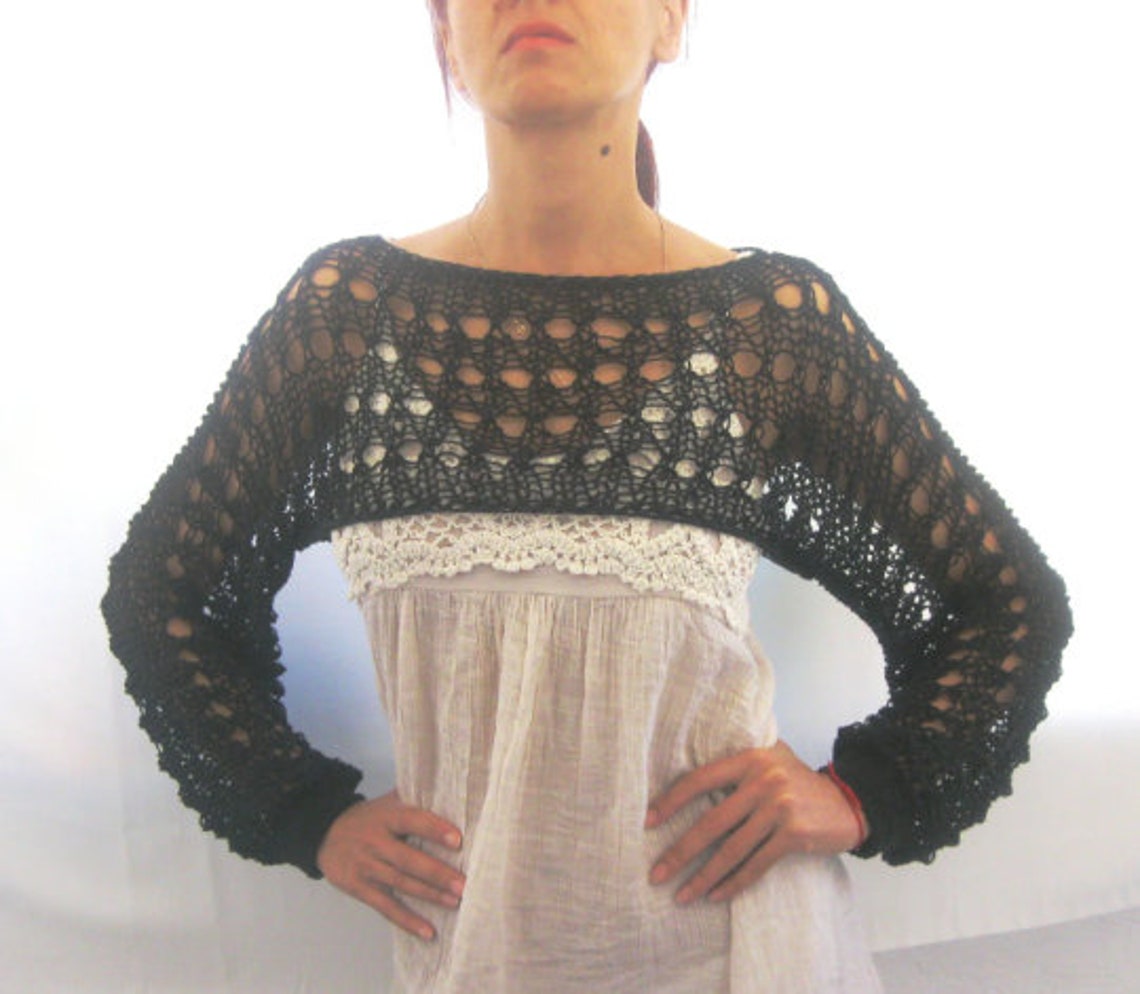 Cotton Summer Cropped Sweater Shrug in Black Color Hand | Etsy