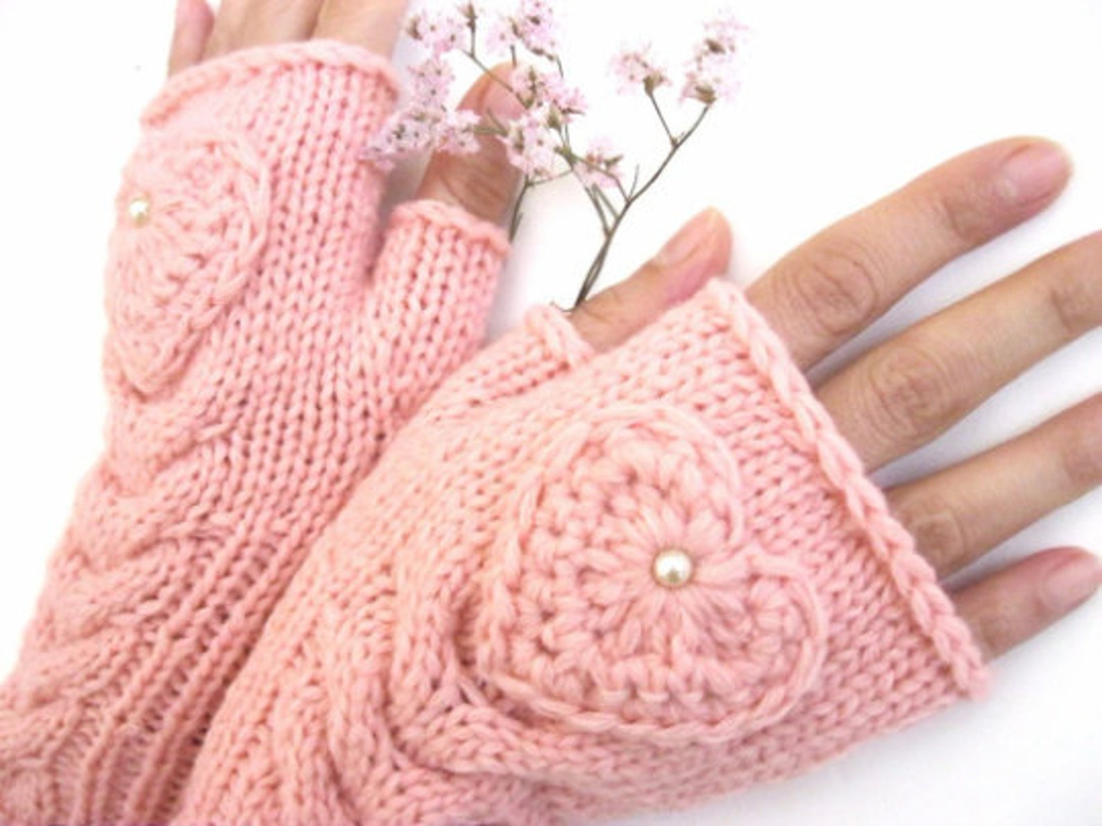Pink Fingerless Soft Wool Fall Winter Hand Knit Gloves Arm Warmers With ...