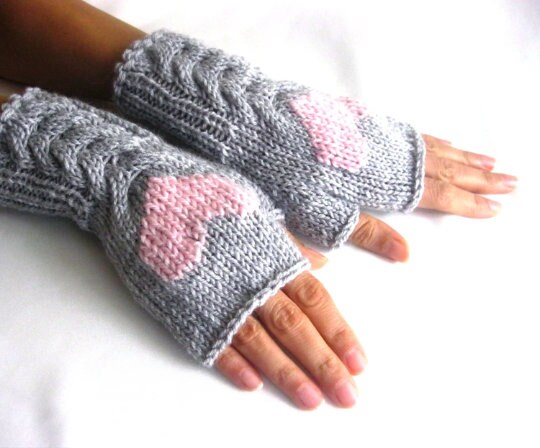 Gray Fingerless Wool Gloves With a Pink Heart, Mittens, Arm Warmers ...