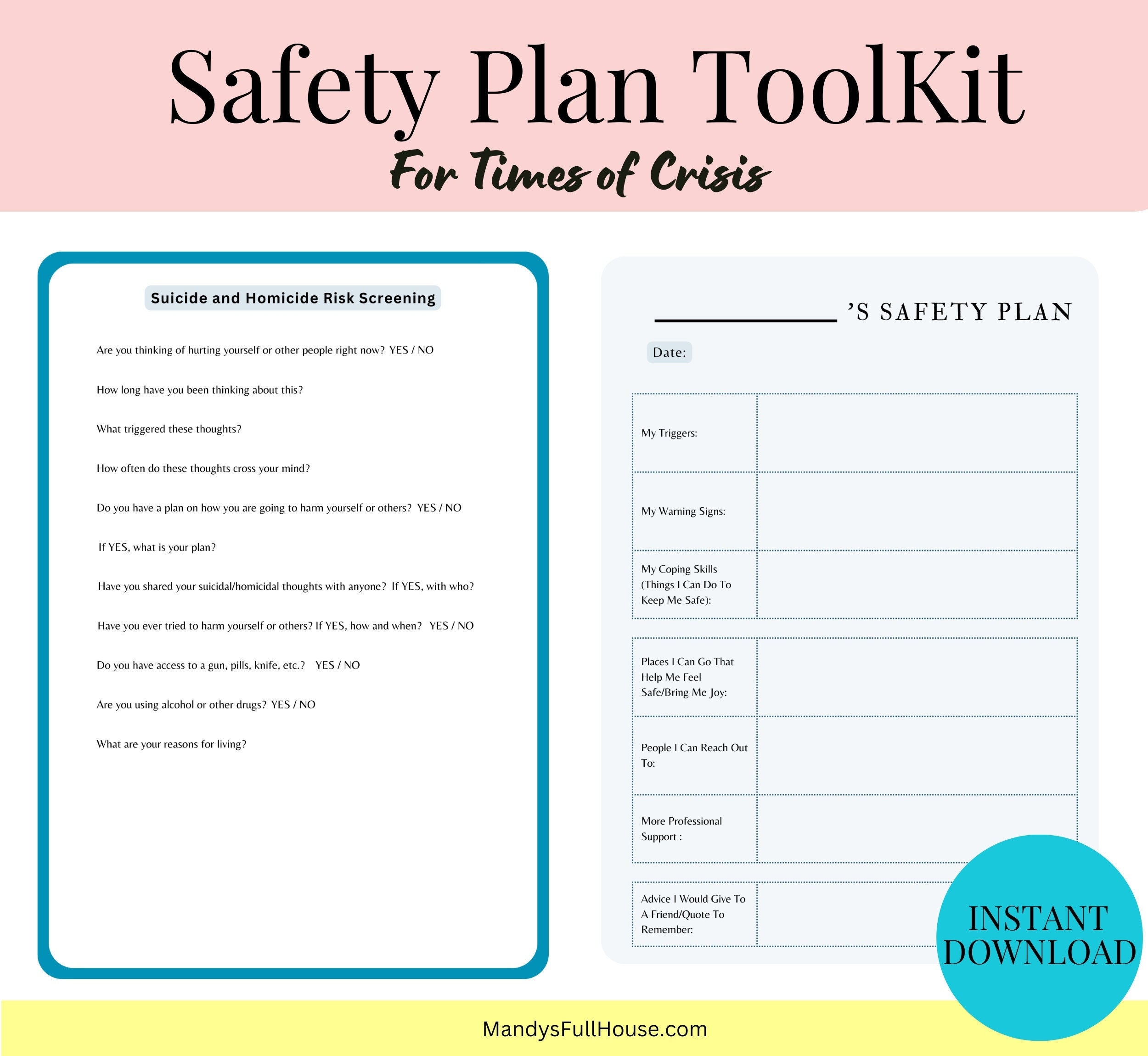 Safety Plan, Safety Plan Worksheet, Crisis Safety Plan Template ...
