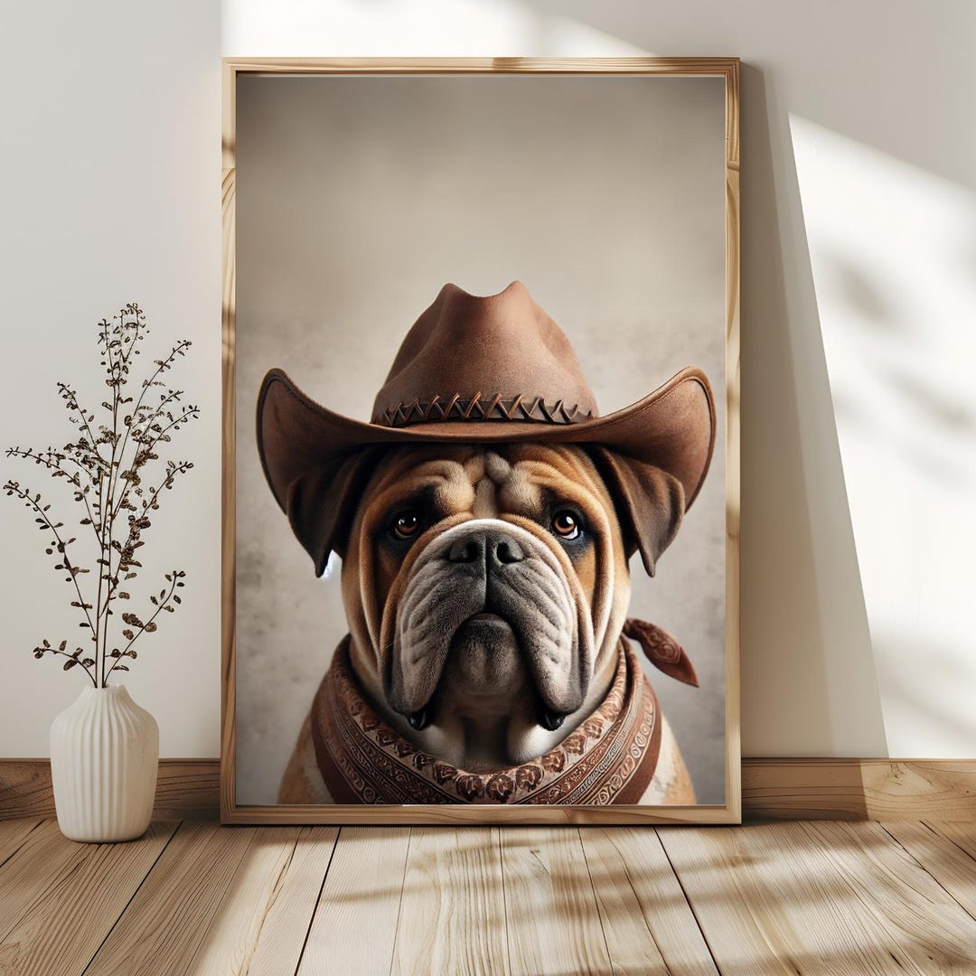 Bulldog Cowboy Hat Print, Neutral Aesthetic Wall Art, Vintage Western ...