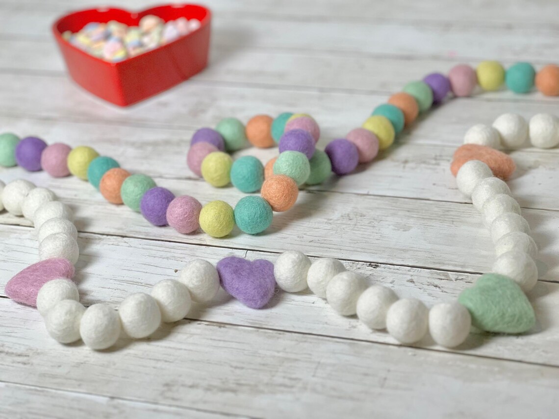 Pastel Hearts Valentines Candy Felt Ball Garland Banner Pastel Felted ...