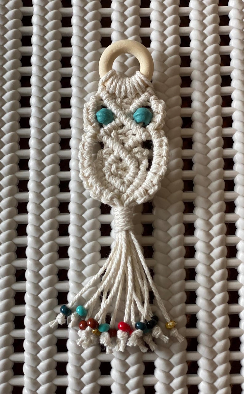 Macrame Owl Keychain: Natural Cotton Cord, Rear View Mirror Charm - Etsy