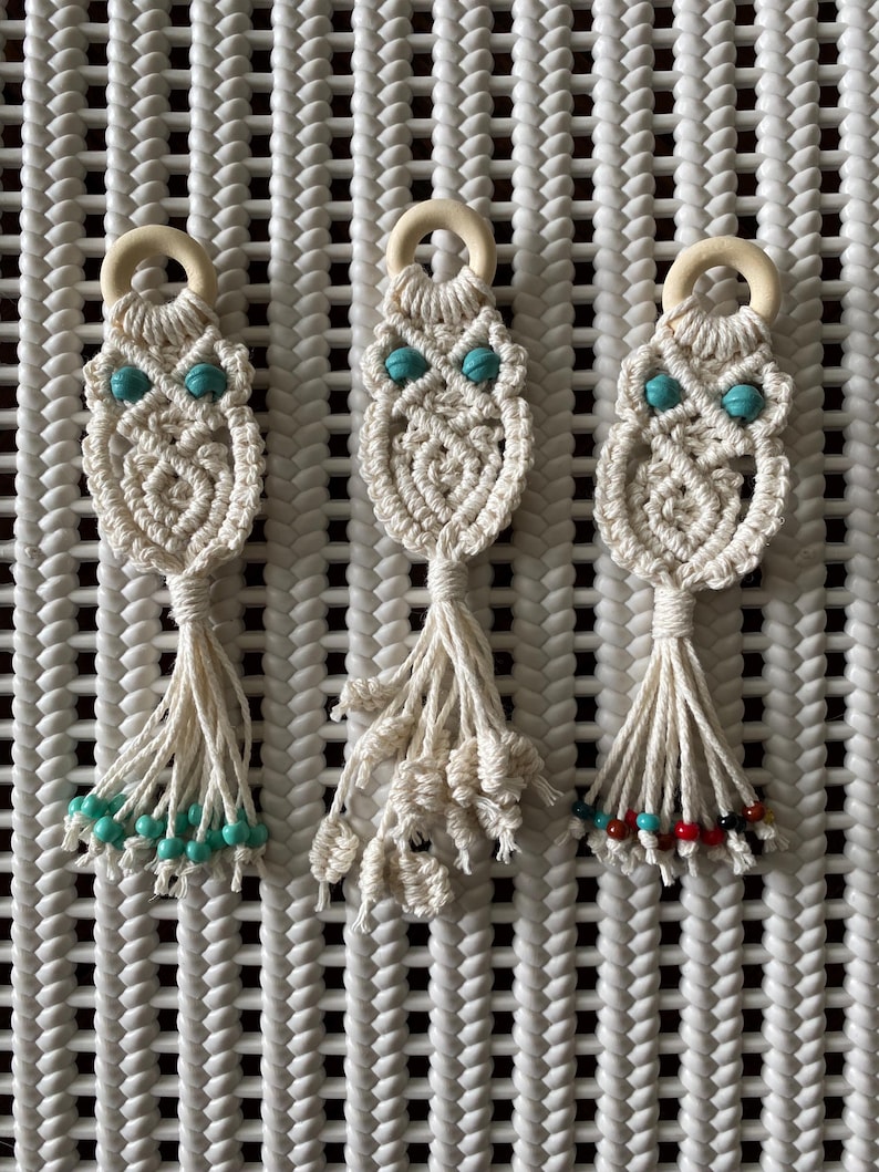 Macrame Owl Keychain: Natural Cotton Cord, Rear View Mirror Charm - Etsy