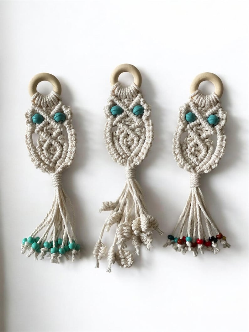 Macrame Owl Keychain With Beads, Boho Owl Accessory - Etsy