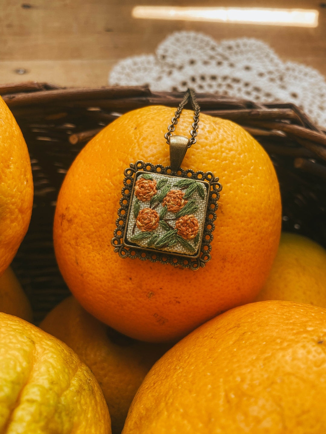 Square Orange Embroidery Necklace | Cottagecore Cute Oranges Necklace ...