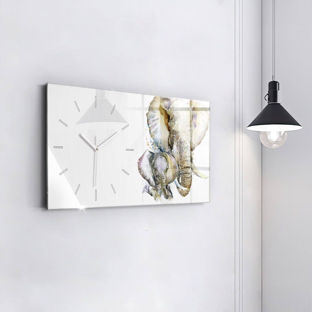 Painted Elephants Wall Clock, Creamy Glass Clock, Animal Hanging Clock ...