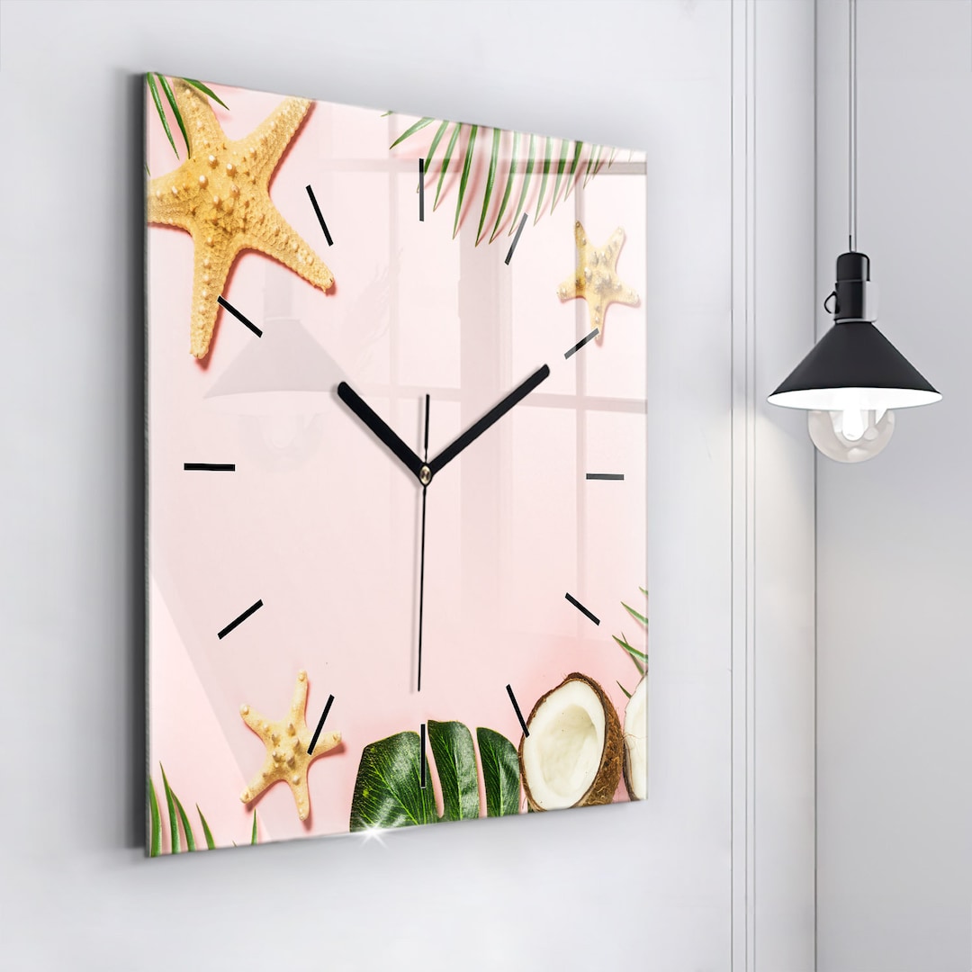 Summer Mood Glass Clock, Pink Modern Wall Clock, Plant Minimalistic ...