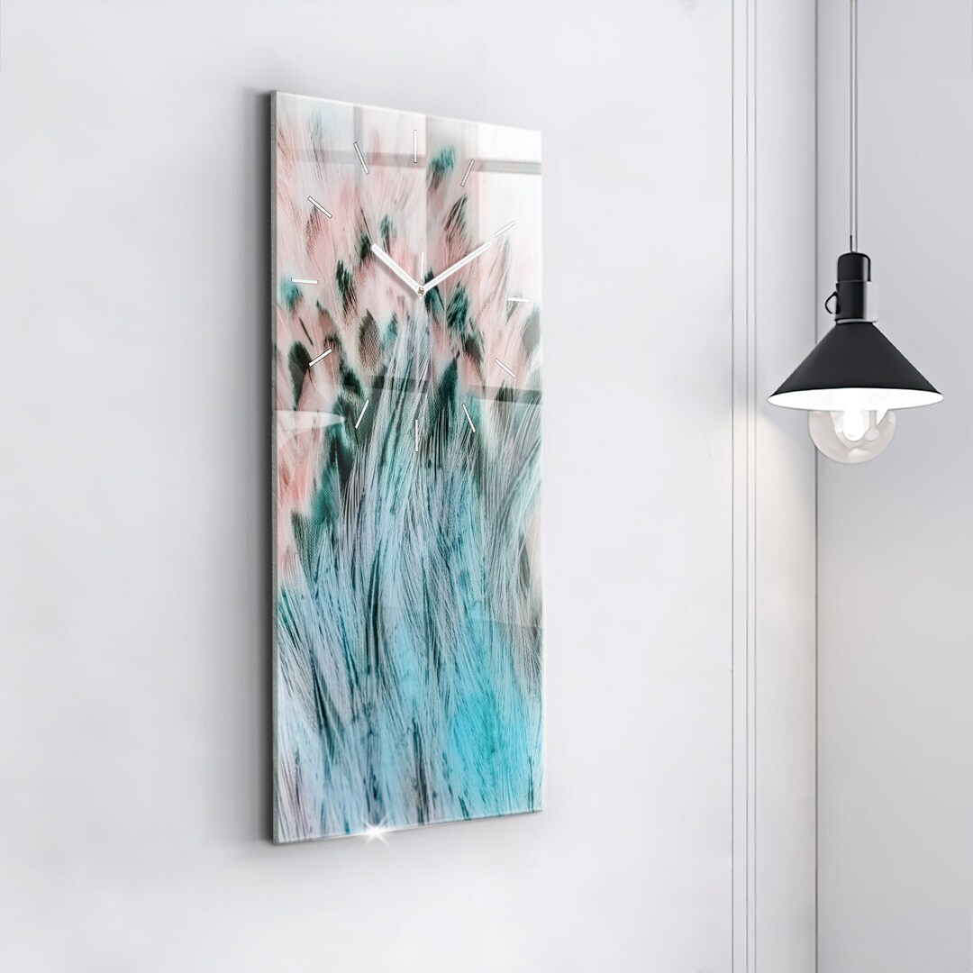Colorful Feathers Hanging Clock, Blue Glass Clock, Abstract Printed ...