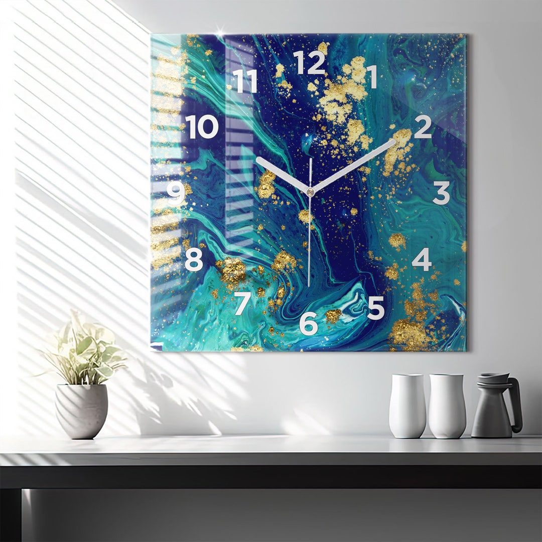 Modern Abstraction Glass Clock, Blue Wall Clock, Abstract Hanging Clock ...