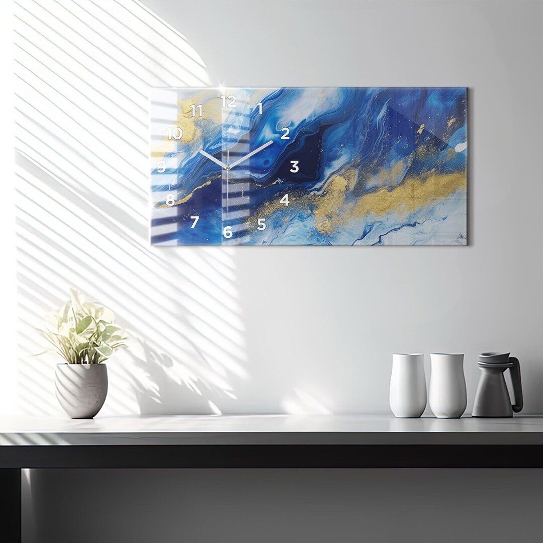 Blue Marble Printed Clock, Blue Glass Clock, Abstract Modern Wall Clock ...