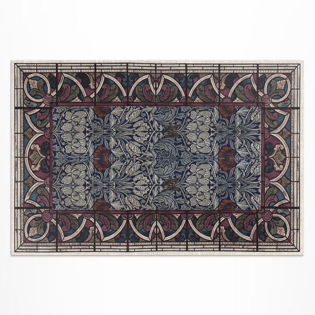 Gothic Red Stained Glass Outdoor Rug, Patterns Patio Carpet, Gray Vinyl ...