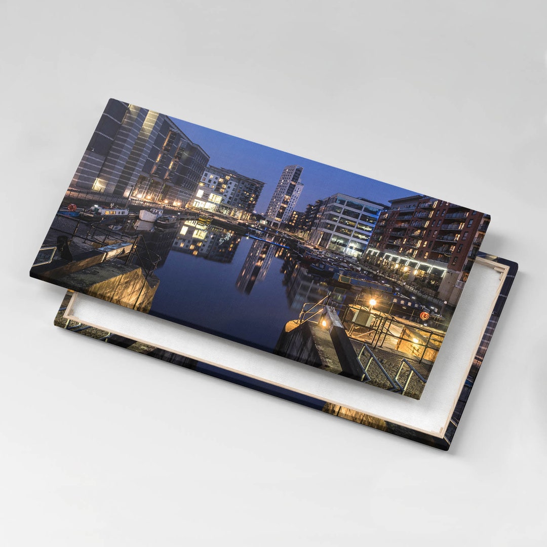 The City of Leeds Illuminated at Night Canvas, Wall Art Picture, Navy ...
