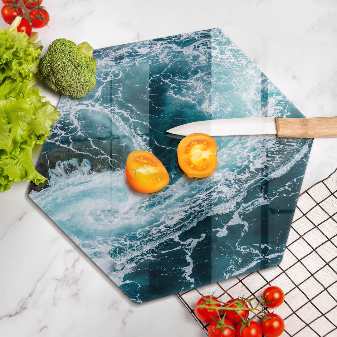Foamed Water Waves Chopping Board, Tempered Glass Cutting Board, Blue ...