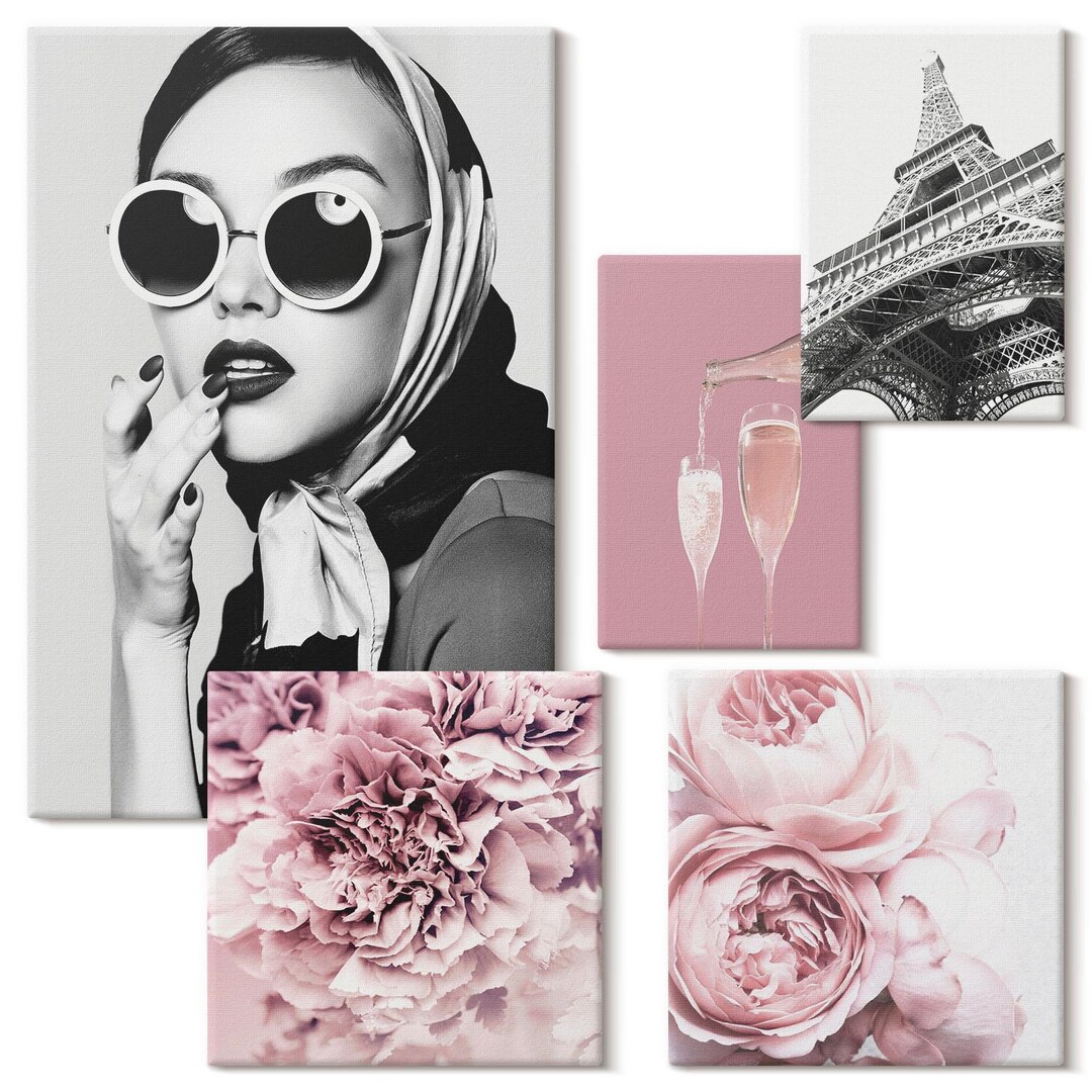 Canvas Set of 5 - Stylish Portraits and Floral Accents in Pink Tones ...
