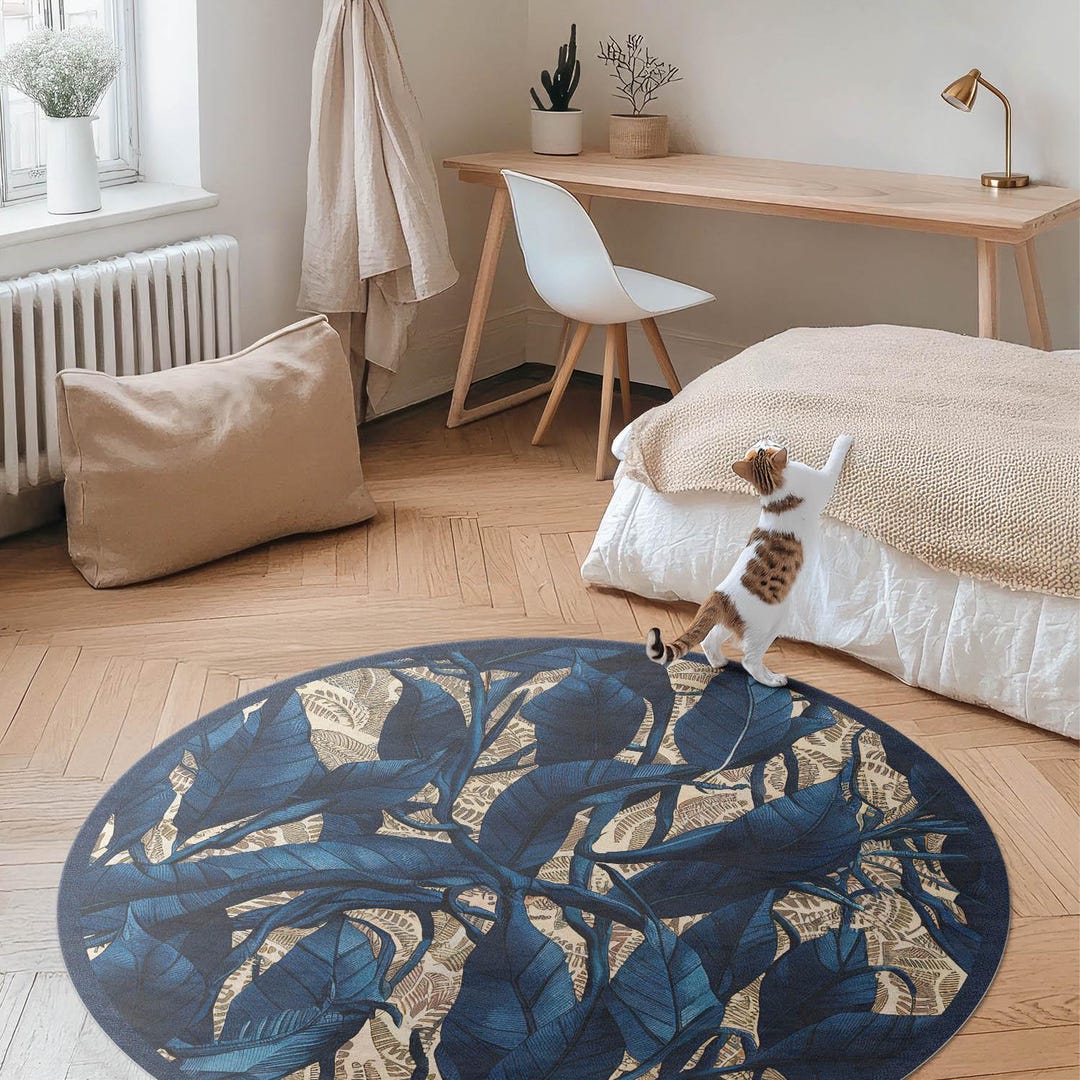 Cornflower Blue Plant Leaves, Nature Motif Round Area Rug, Flowers and ...