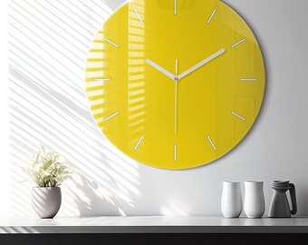 Dark Yellow Glass Clock, Dark Yellow Printed Clock, Solid Color Modern ...