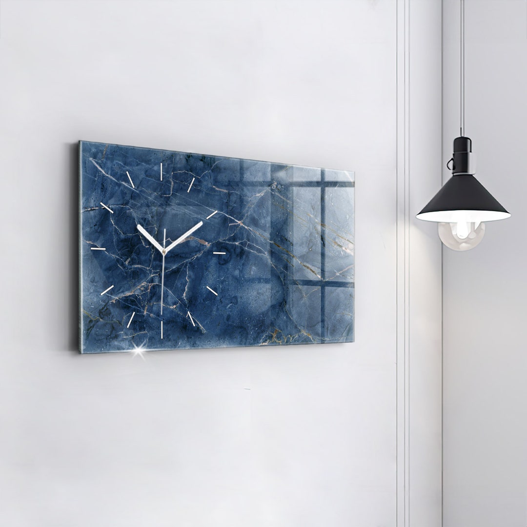 Blue Marble Texture Modern Wall Clock, Blue Glass Clock, Abstract ...