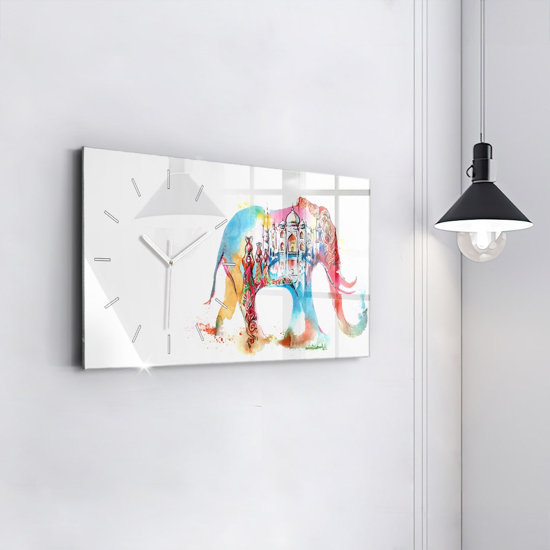 India Culture Printed Clock, Blue Glass Clock, Art Modern Wall Clock ...