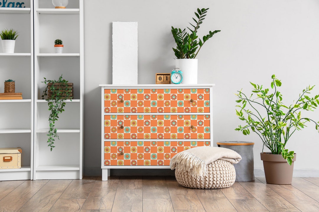 Vintage Checkerboard and Daisies Furniture Sticker, Texture Adhesive ...