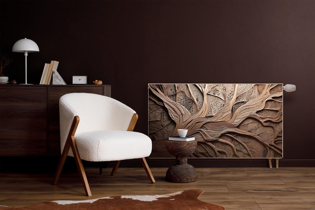 Tree Motif on Wood Texture Heating Cover, Brown Magnetic Printed Mat ...