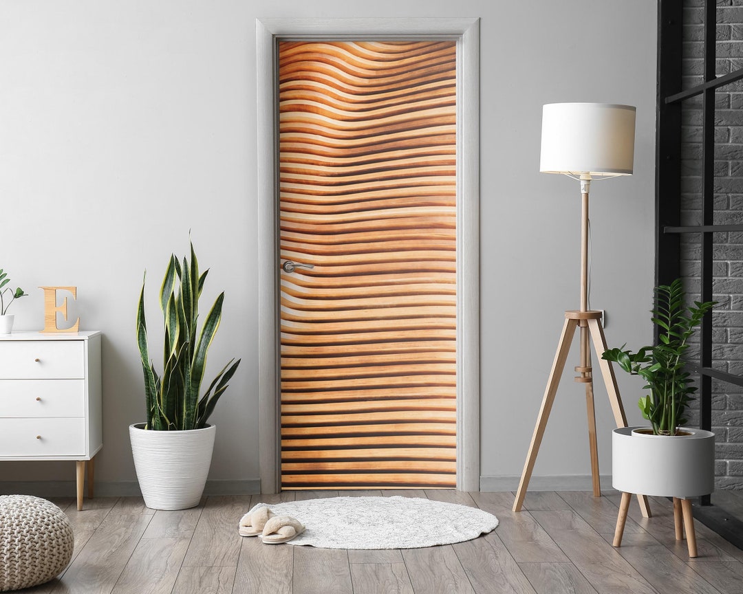 Waving Wood Door Sticker, Self-adhesive Cover, Texture Door Mural ...