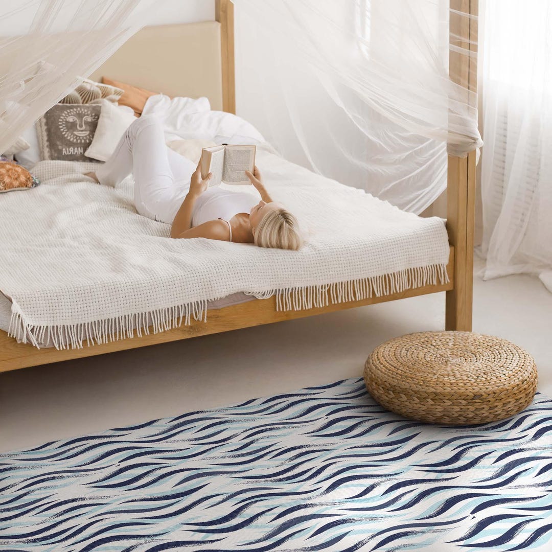 Graphics of Painted Sea Waves Area Rug, Abstraction Vinyl Flooring ...