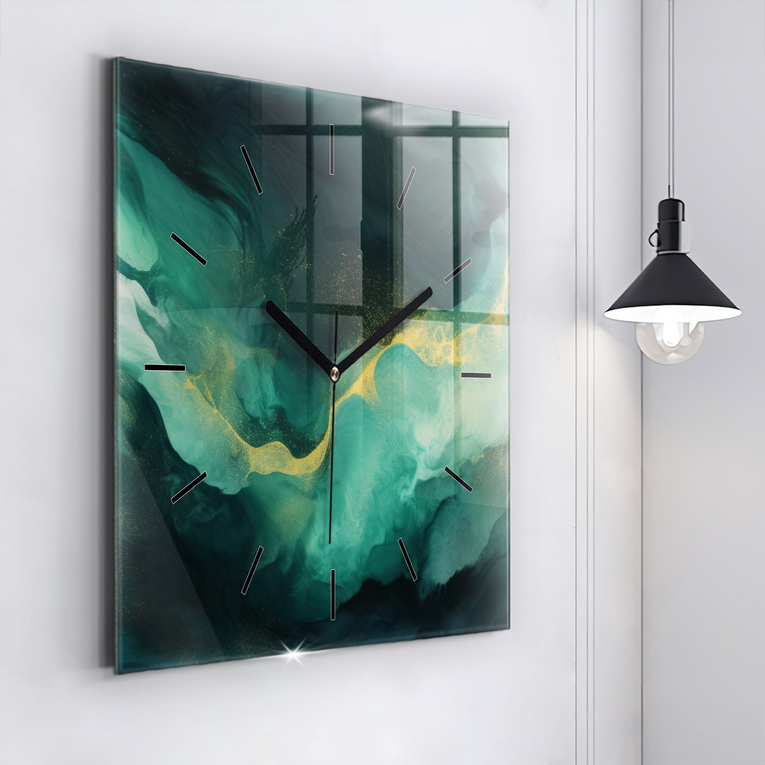 Green Marble Glass Clock, Green Modern Wall Clock, Abstract ...