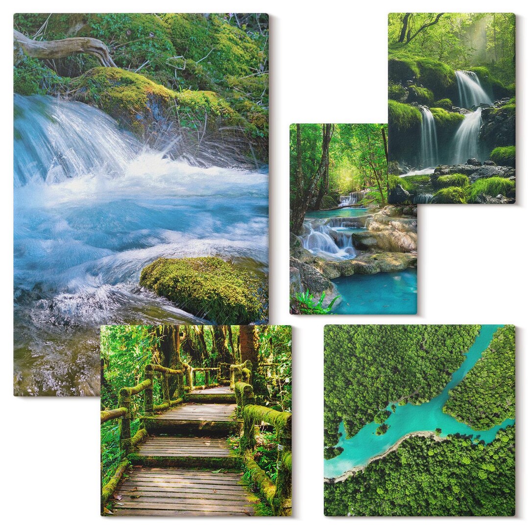 Canvas Art Set of 5 - Green Oases of Peace, Waterfalls and Streams in ...