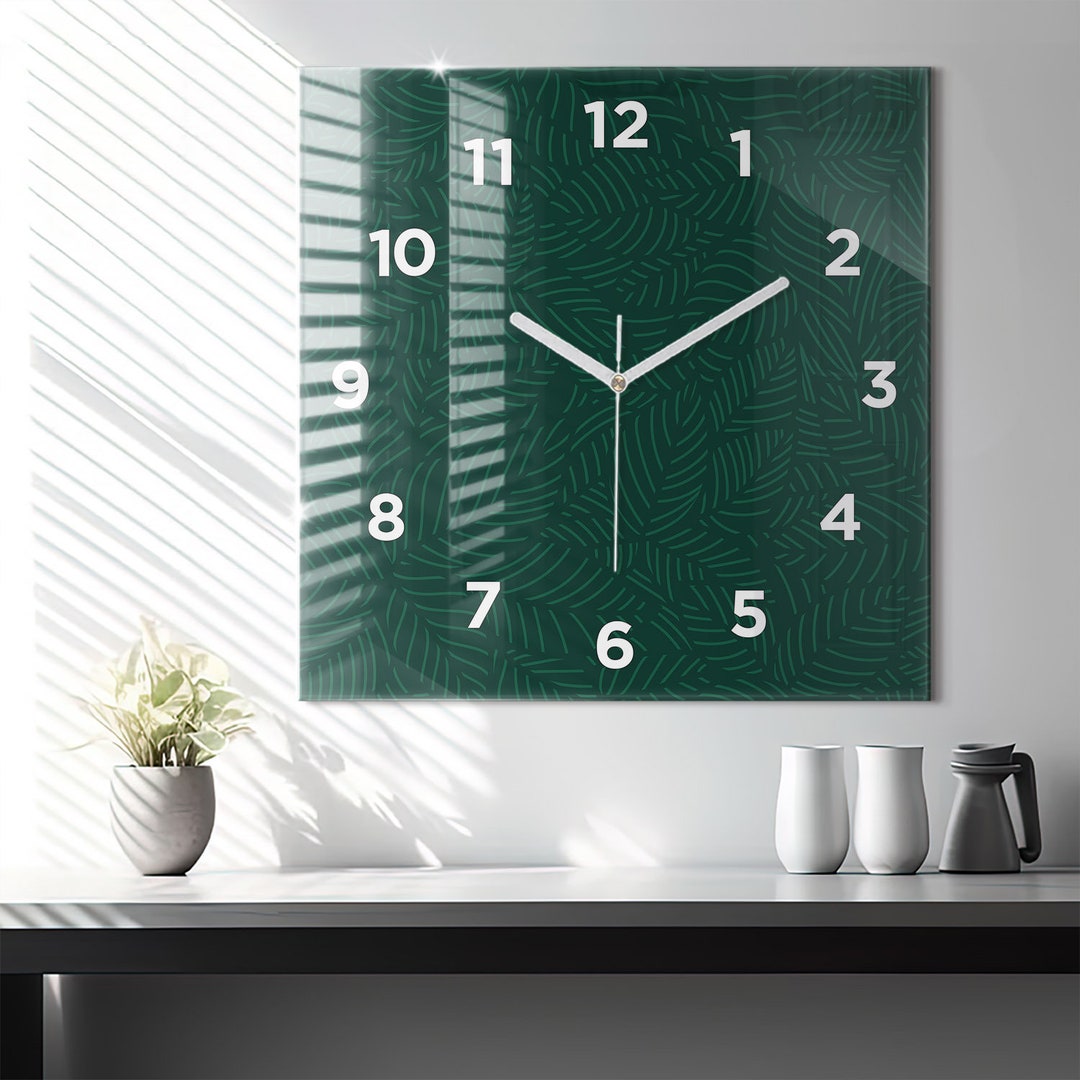 Leaf Pattern Glass Clock, Green Wall Clock, Abstract Hanging Clock ...