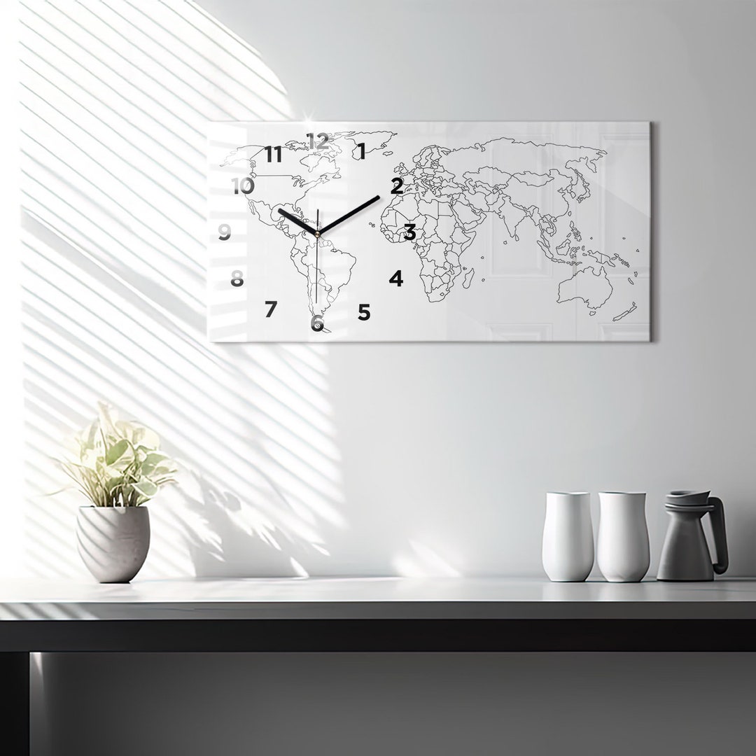 Contour Map of the World Wall Clock, White Glass Clock, Map Hanging ...