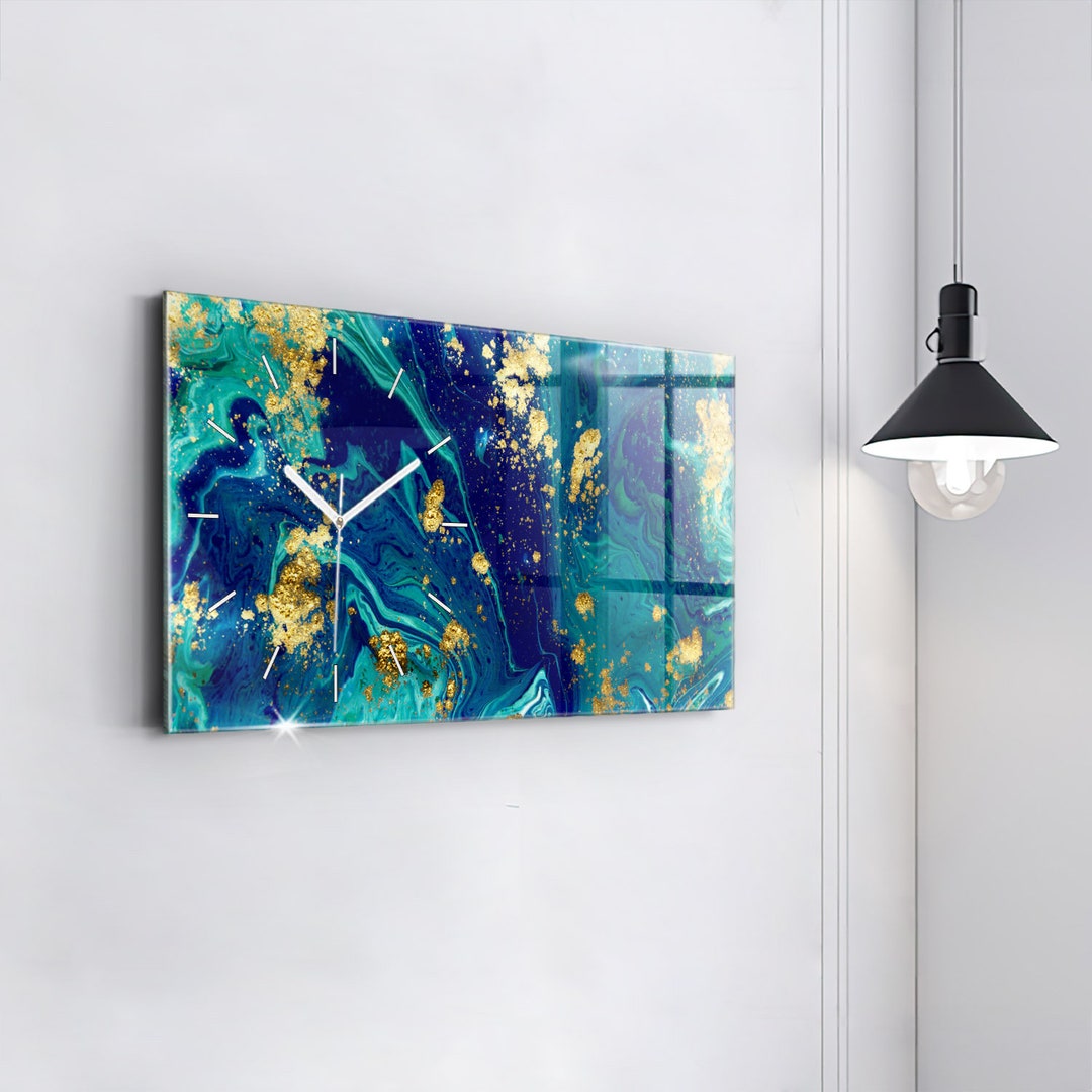 Modern Abstraction Wall Clock, Blue Glass Clock, Abstract Minimalistic ...