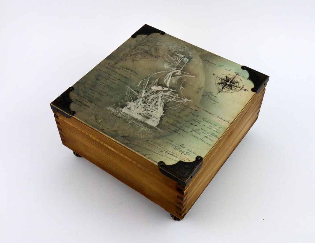 A Wooden Box, a Box on Legs, a Box With a Ship, a Sailing Ship. 20x20cm ...