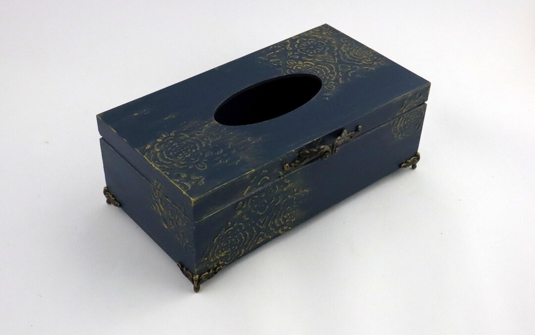 Rectangular Navy Blue Tissue Box With Gilded Raised Ornaments on Legs ...