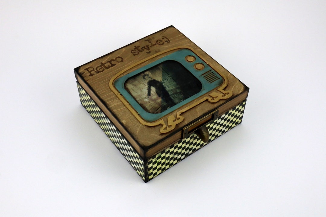Wooden Retro Casket Box With Charlie Chaplin in the TV Set. Made in ...