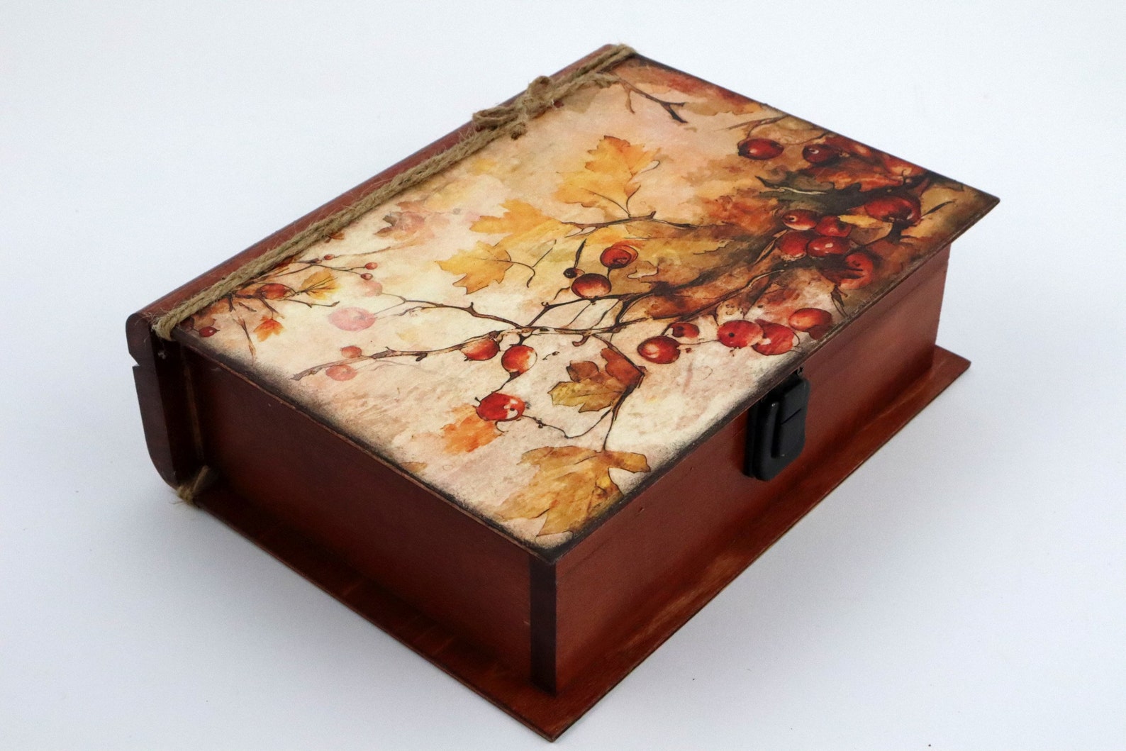 Wooden Book-shaped Box With Autumn Motif and Brass Clasp – Keepsake Box ...