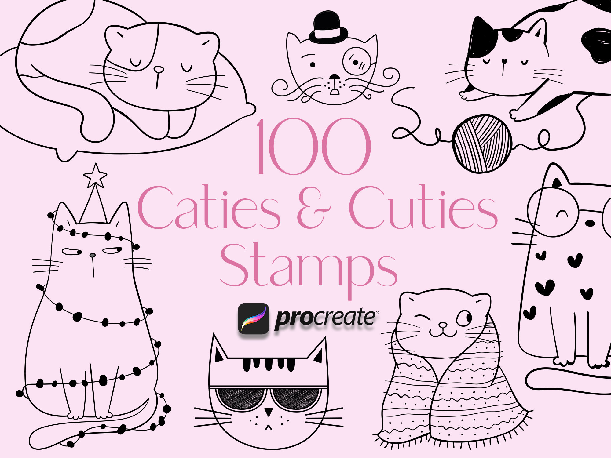 100 Procreate Cat Doodle Stamps, Brushes (commercial Use) (digital ...