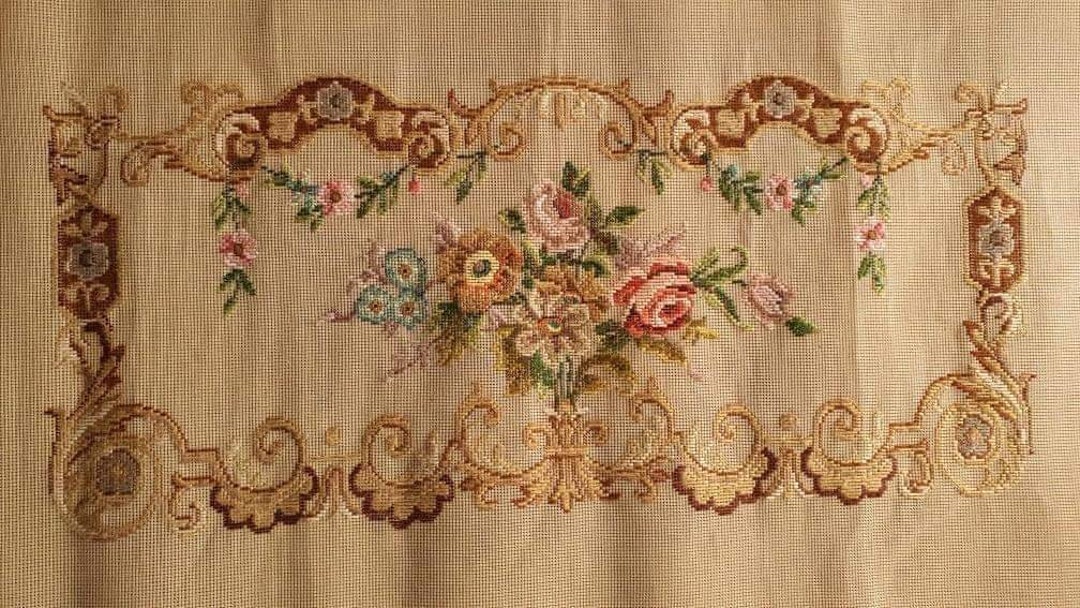 Floral Bouquet Long Stool With Scrolling , Needlepoint Kit, Tapestry ...