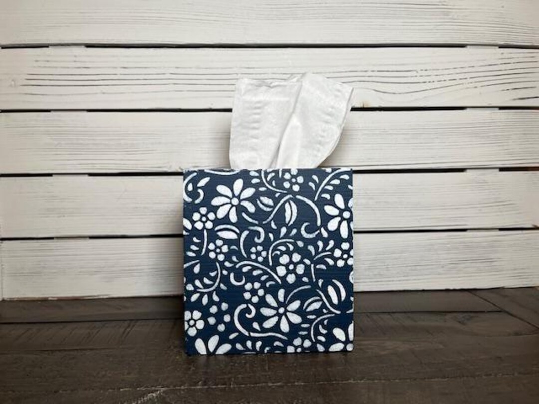 Dark Blue and White Wood Tissue Box Cover, Tissue Box Cover, Hand ...