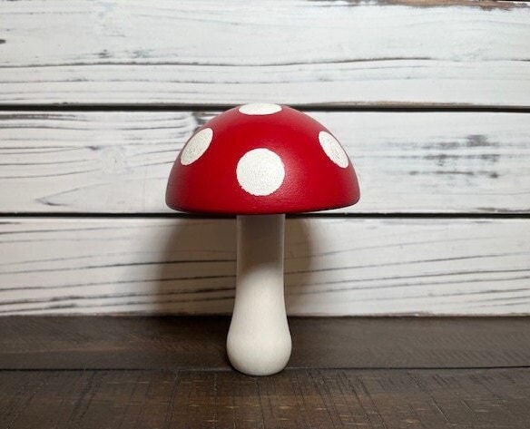 Mushroom Decor, 5 1/2 Inch Tall Painted Wood Mushroom, Red Mushroom ...