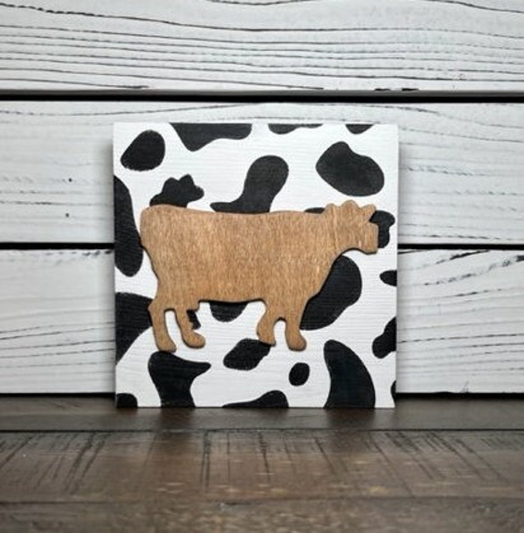 Cow Decor, Cow Wood Block Shelf Sitter, Cow Print Decor, Farmhouse Cow ...