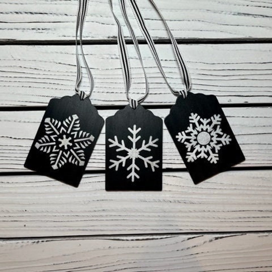 Snowflake Wood Gift Tags With Ribbon, Christmas Wood Gift Tags, Black ...