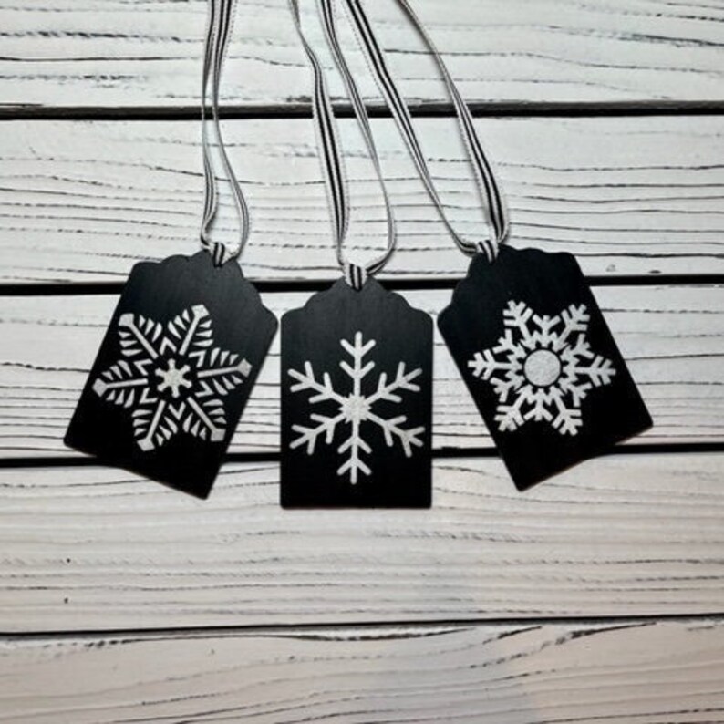 Snowflake Wood Gift Tags With Ribbon, Christmas Wood Gift Tags, Black ...