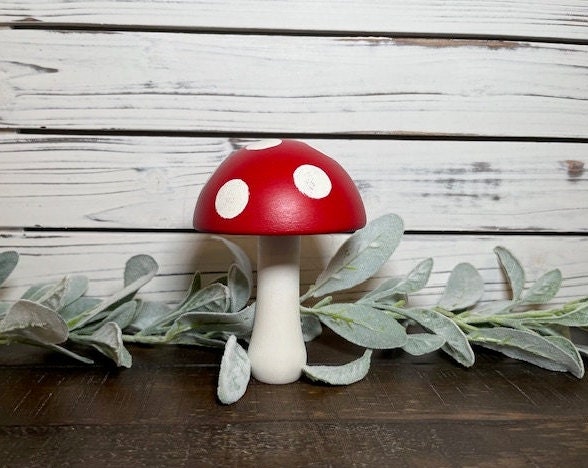 Mushroom Decor, 5 1/2 Inch Tall Painted Wood Mushroom, Red Mushroom ...