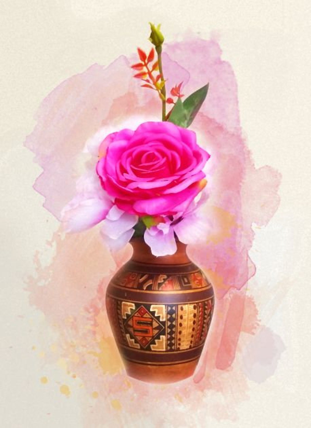 Digital Art Peruvian Vase With Flowers watercolor 300 Dpi JPG - Etsy